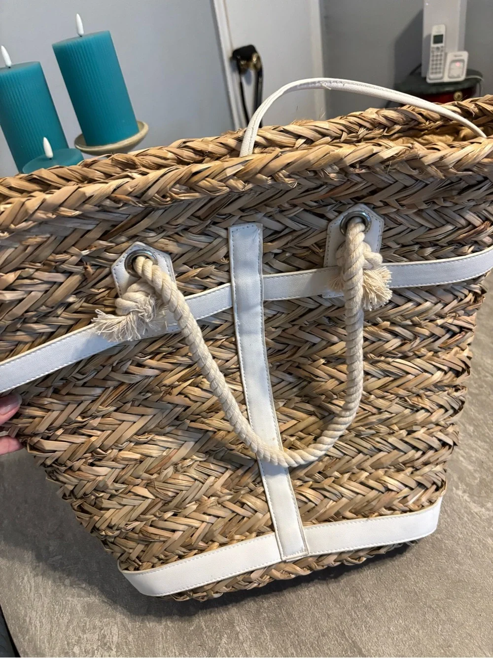 Source Unknown | Bags | Source Unknown Natural Woven Tote With White ...